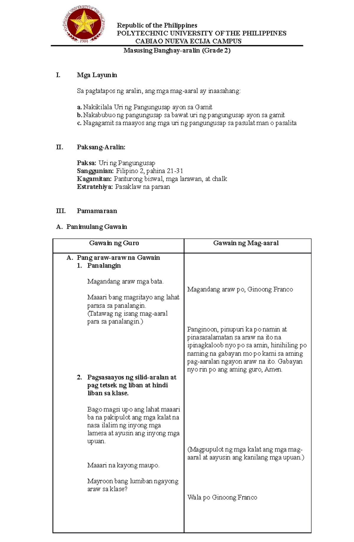 URI NG Pangungusap ( Grade 2) - Masusing Banghay-aralin (Grade 2) I ...