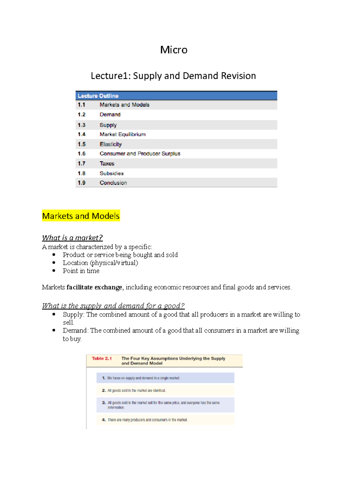 Micro Lecture notes (Autosaved) - Micro Lecture1: Supply and Demand ...
