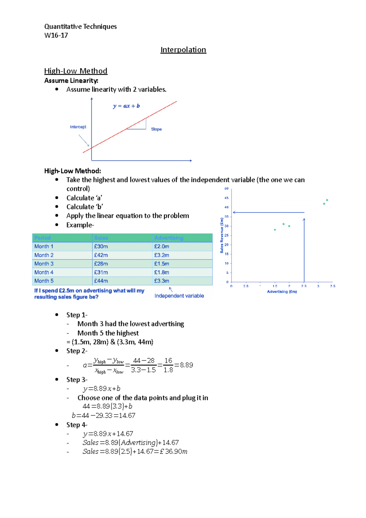 Quantitative methods - Quantitative Techniques W16- Interpolation High-Low Method Assume ...