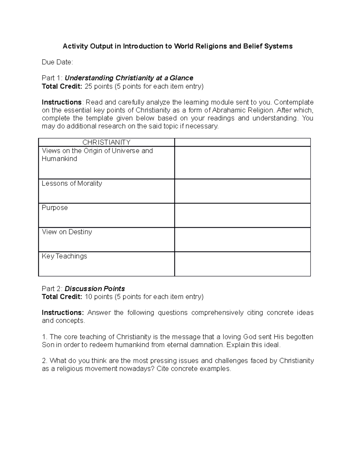 Activity Output in Introduction to World Religions and Belief Systems ...