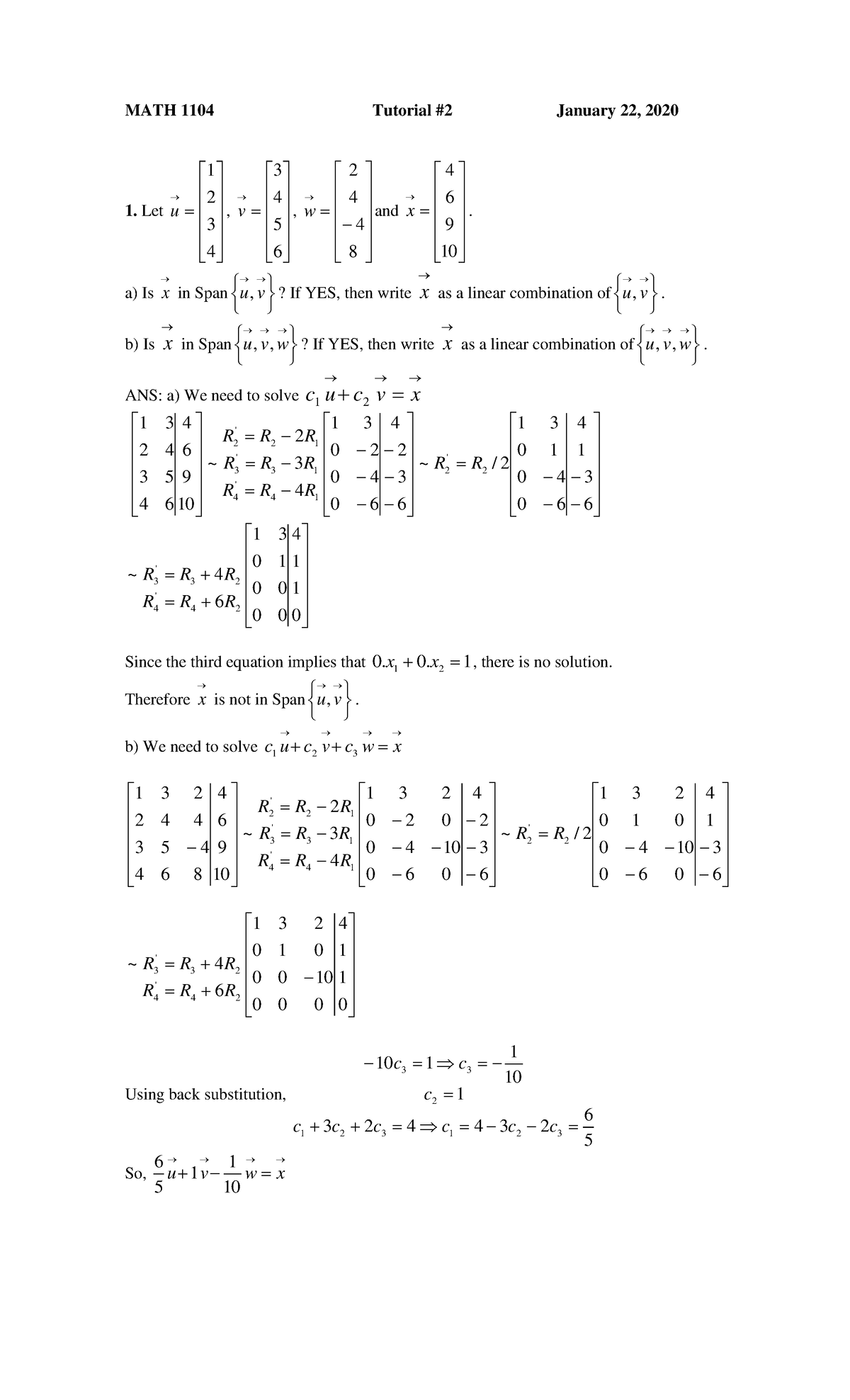 MATH1104 tut2 sol - MATH 1104 Tutorial #2 January 22, 2020 1. Let →= 43 u 21 , - Studocu