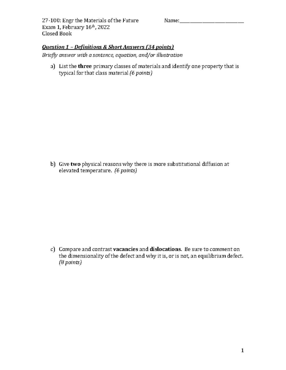 27-100-Exam1 S22 - prac exam eng 1 - Exam 1, February 16 th , 20 22 ...