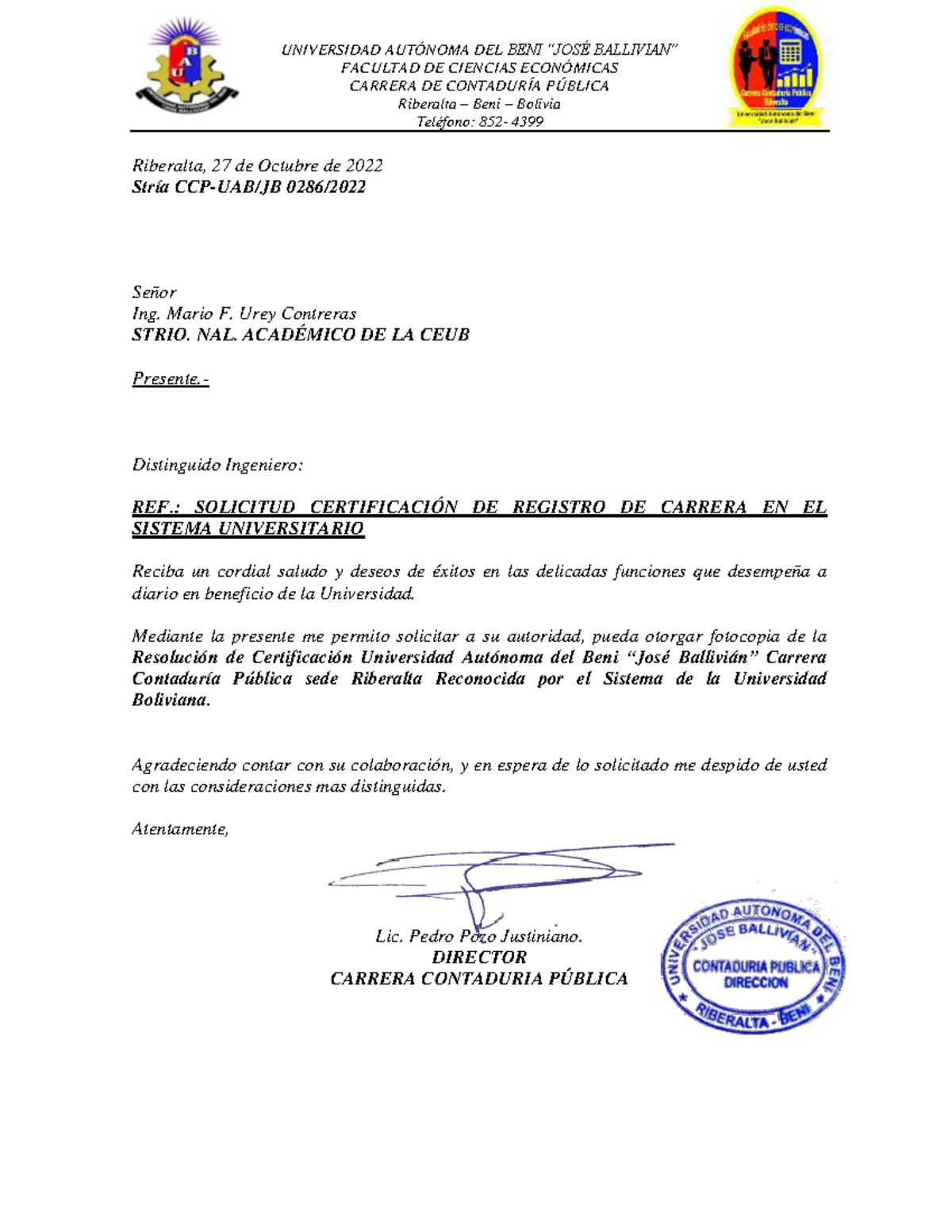 CITE 0286. Solicitud Certificacion CUB - UNIVERSIDAD AUTÓNOMA DEL BENI ...