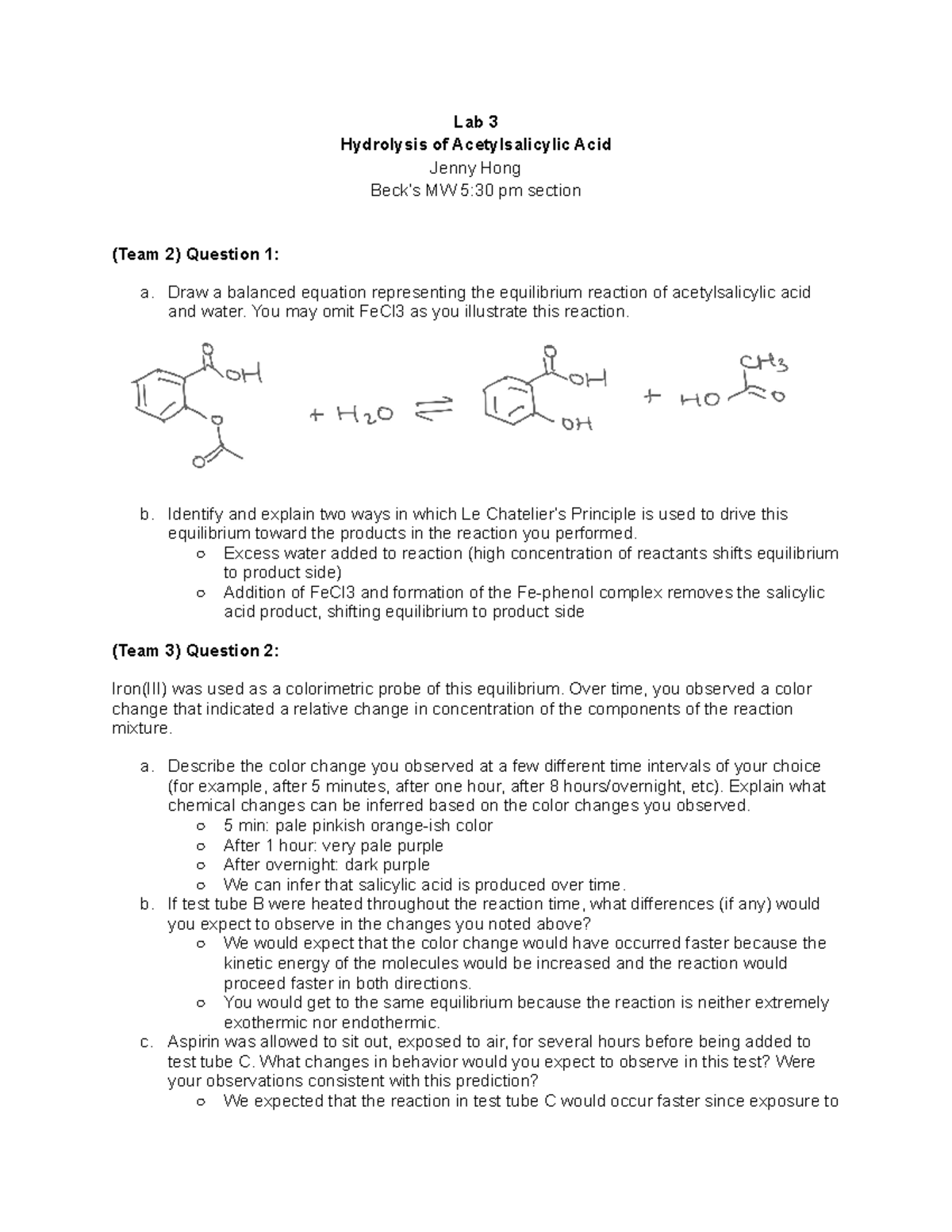 Hydrolysis of Acetylsalicylic Acid Lab Assignment 4 - Lab 3 Hydrolysis ...