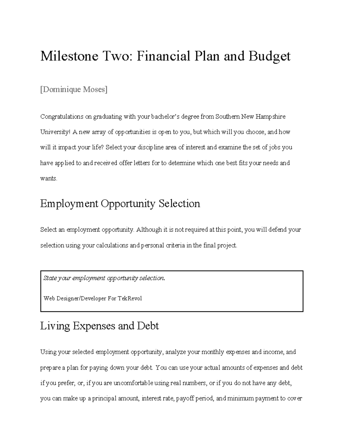 Final Project Milestone Two Financial Plan and Budget - Milestone Two ...