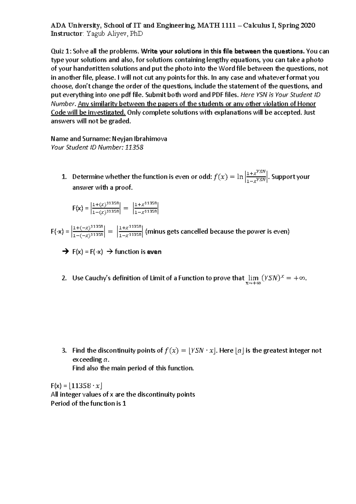 Calculus I Quiz1 2020 Fall Quarantine - Instructor: Yagub Aliyev, PhD ...