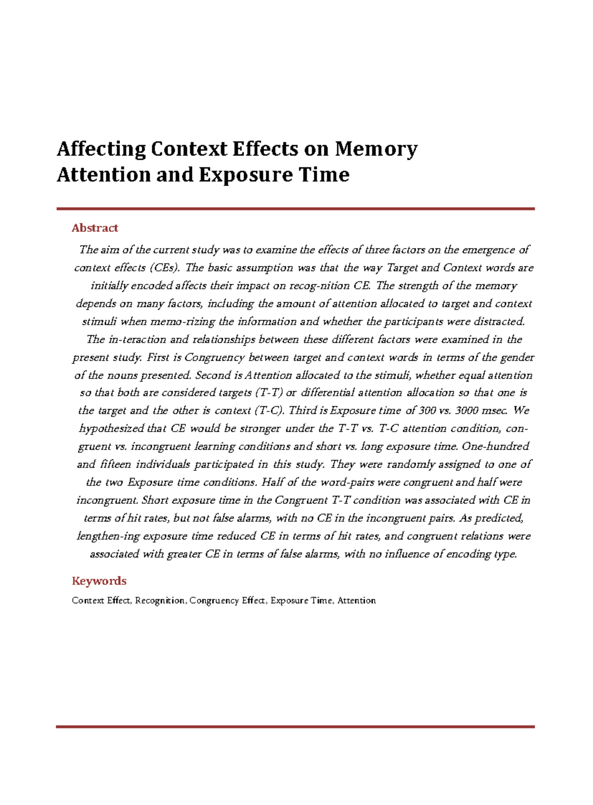 Affecting Context Effects on Memory Attention and Exposure Time ...