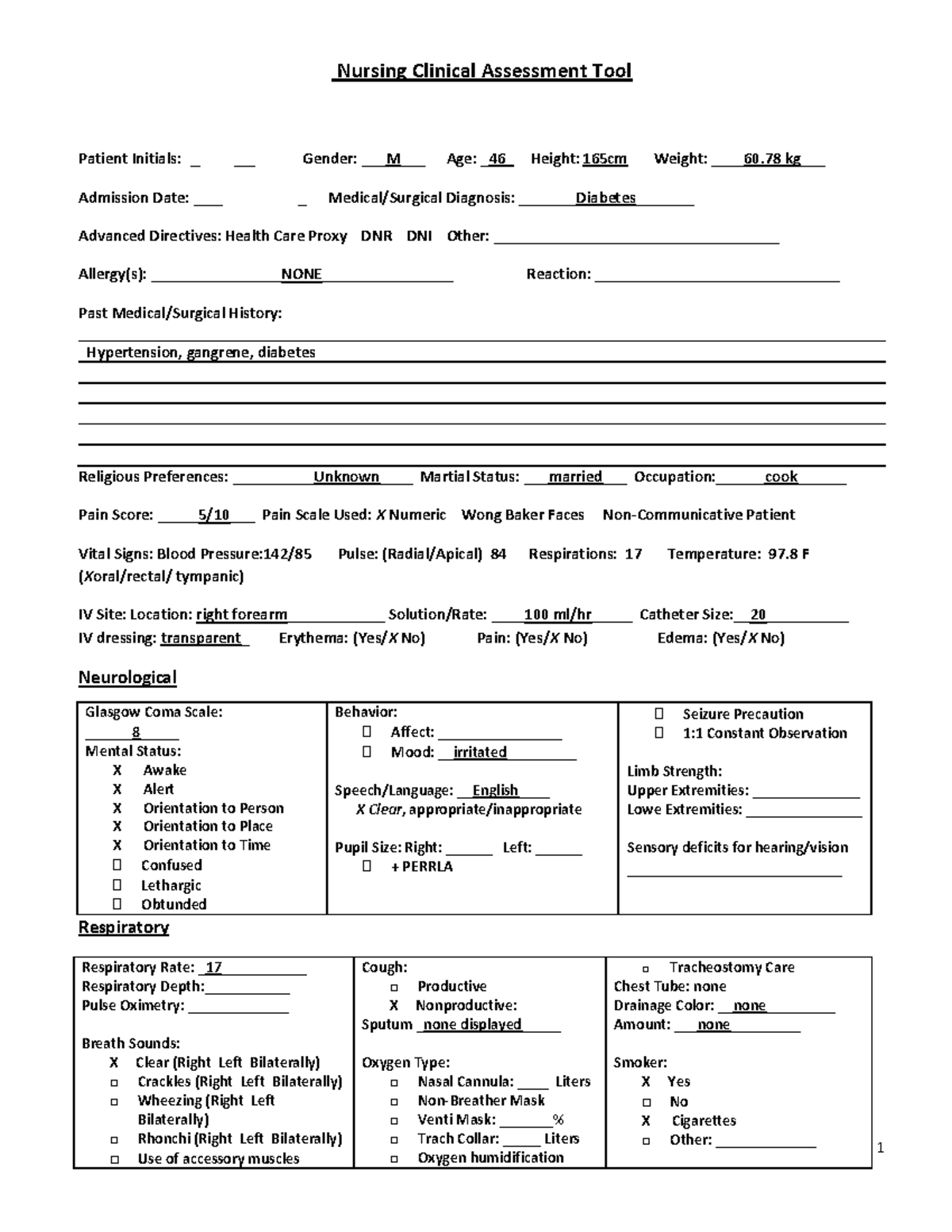 MEC Nursing Assessment (1) - 1 Nursing Clinical Assessment Tool Patient Initials: C,A_ Gender: M ...