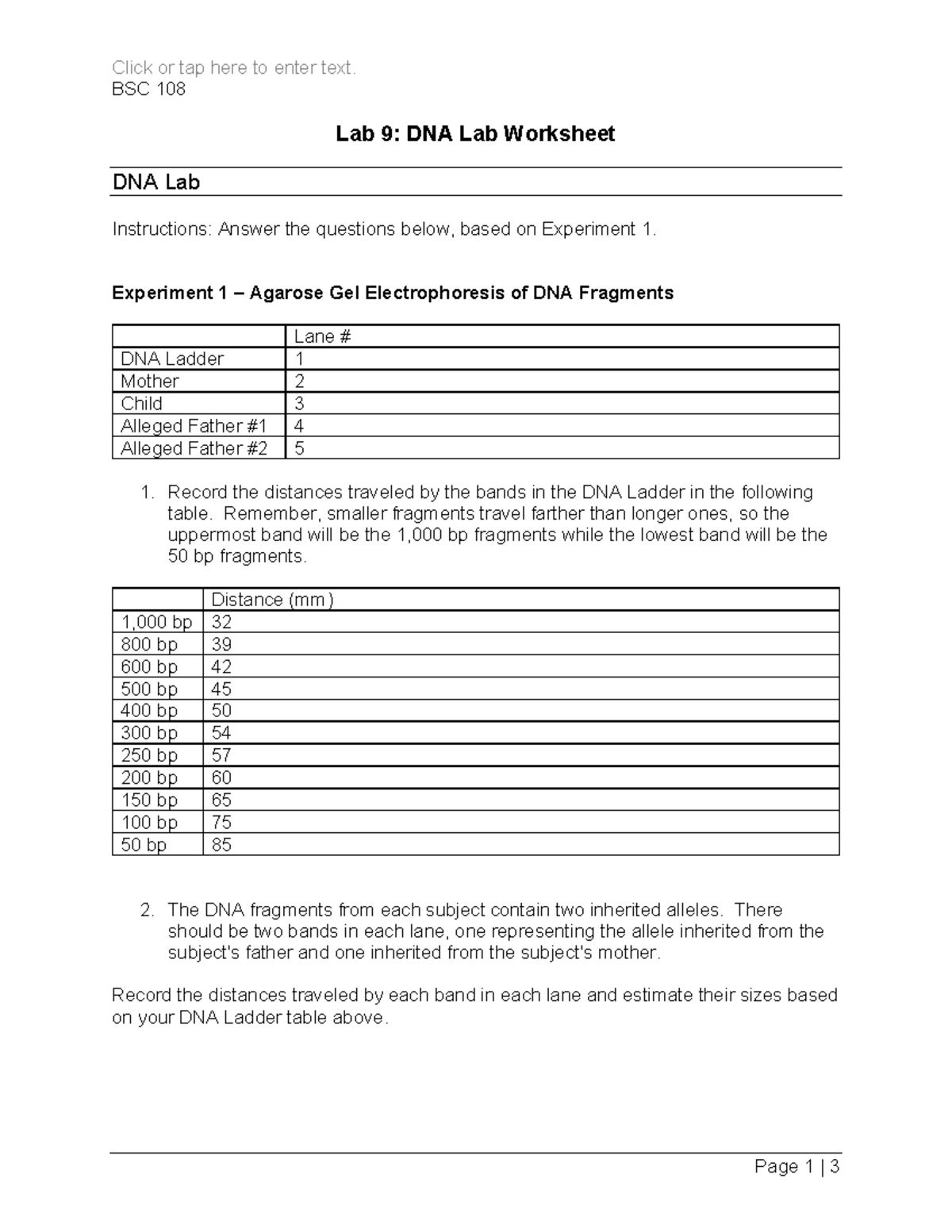 Lab Worksheet 9 - Lab 9 - Click or tap here to enter text. BSC 108 Lab 9: DNA Lab Worksheet Page ...