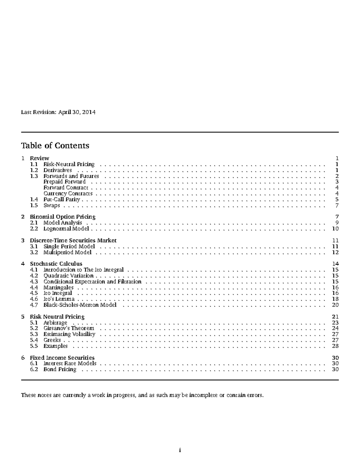 Mathematical Models in Finance - Lecture notes - actsc4462014 - tt♣ ♦♥ ...