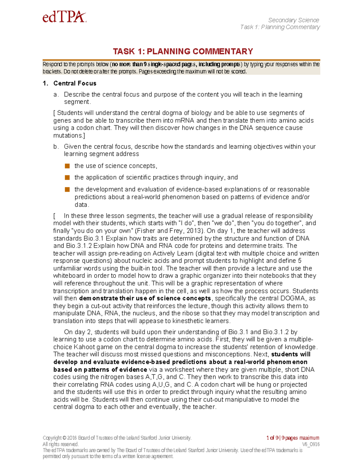 EDTPA Task 1 Biology - Task 1: Planning Commentary TASK 1: PLANNING ...