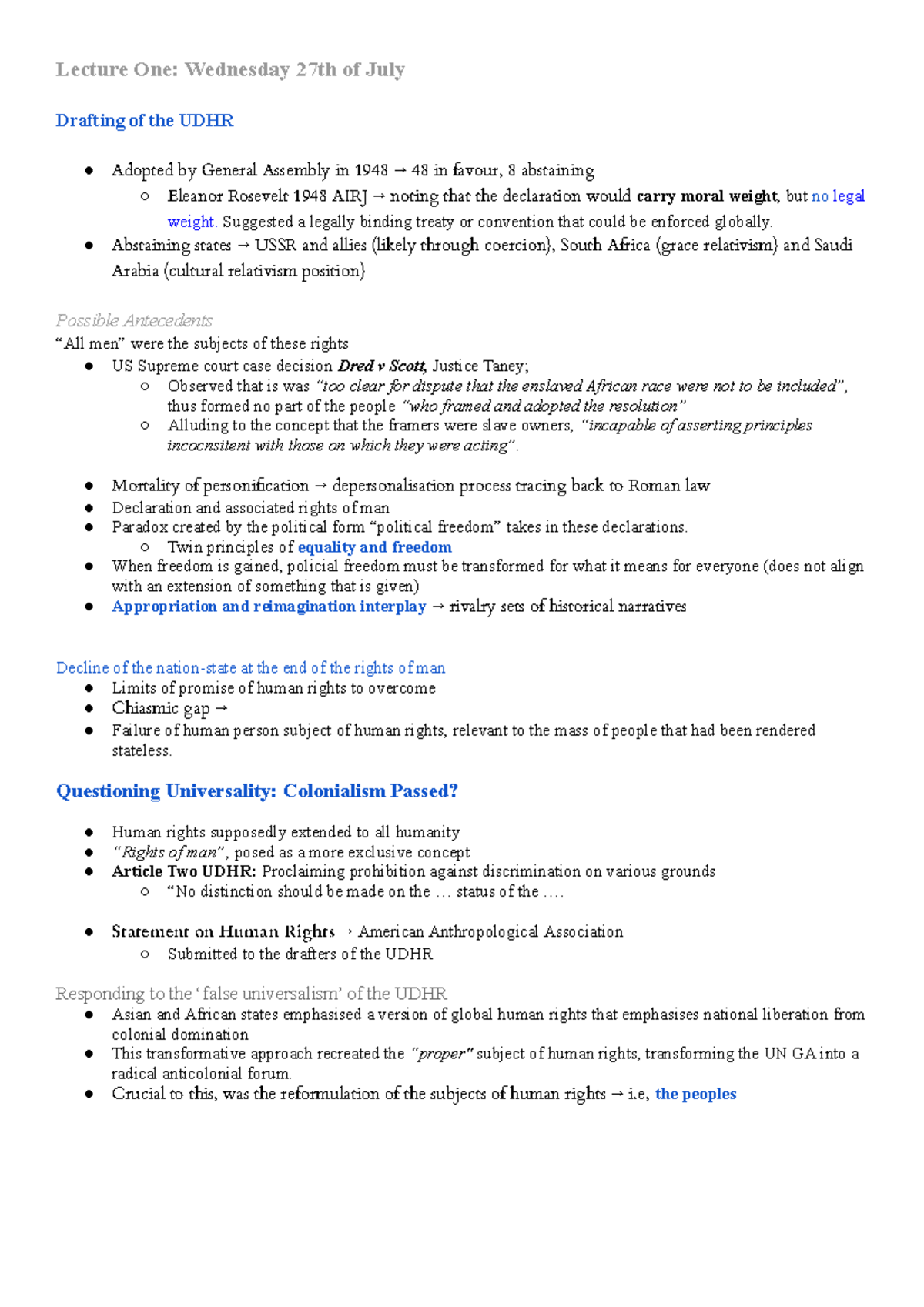 LAWS2001 2 Global Human Rights LAW Lecture Notes - Lecture One ...