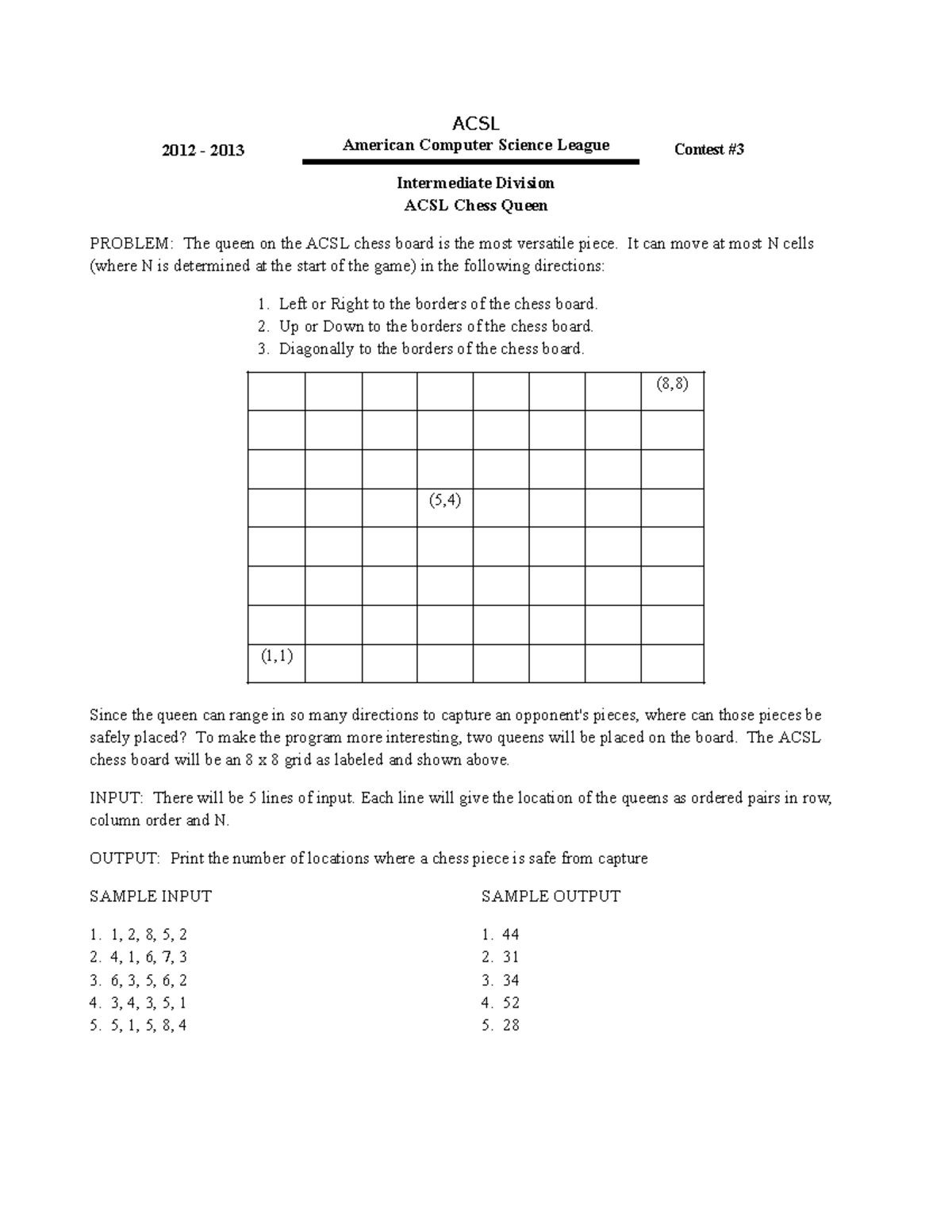 Acsl chess queens 3 int - acsl test - ACSL American Computer Science ...