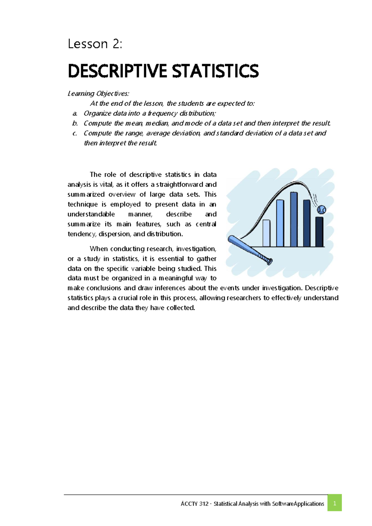 Accty 312 - Lesson 2 - Statistical Analysis - Lesson 2: DESCRIPTIVE ...