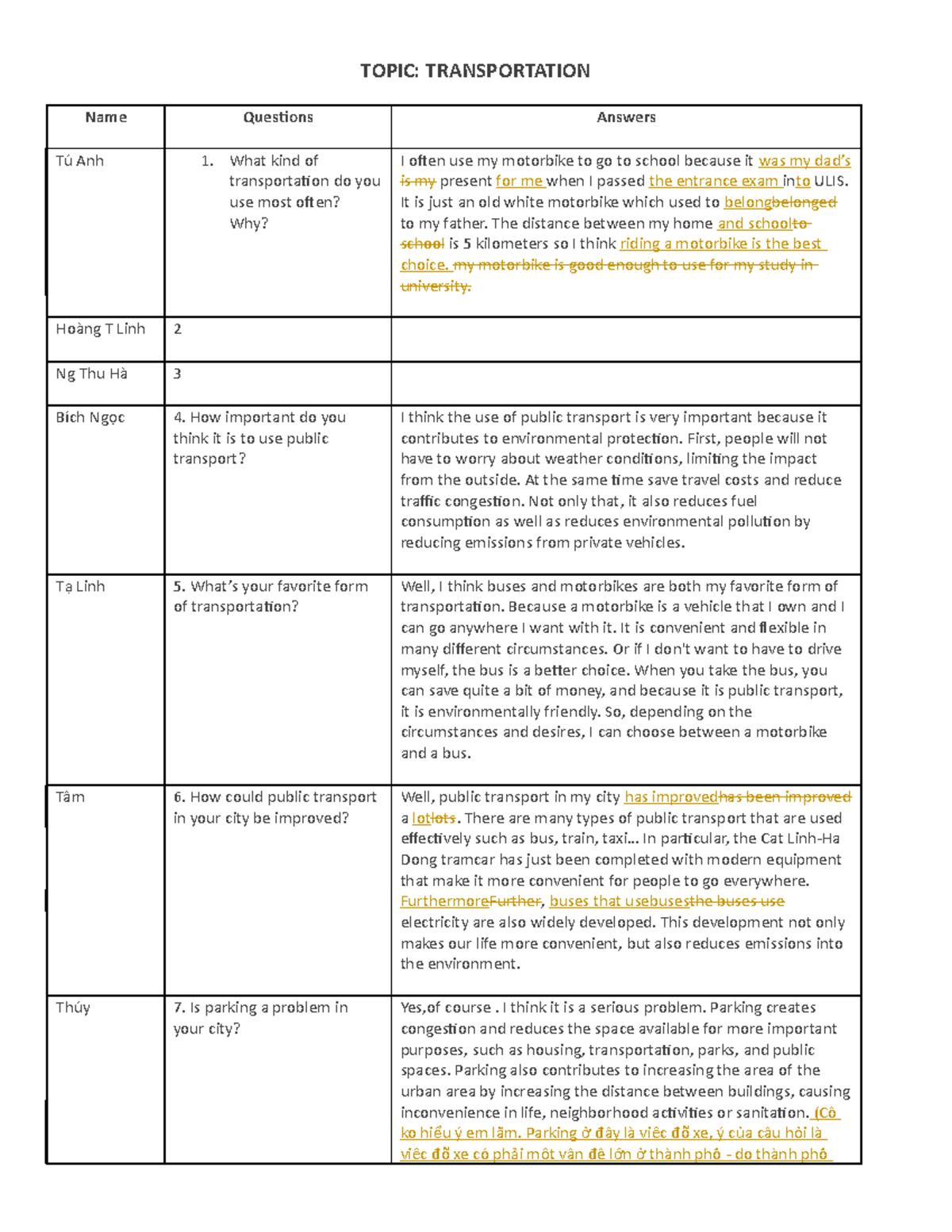 Transportation FLF 11 31 - TOPIC: TRANSPORTATION Name Questions Answers ...