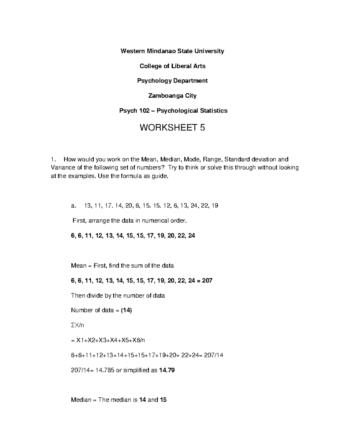 Worksheet NO.5 Psych Statistics ( Computing for Mean, Median, Mode ...