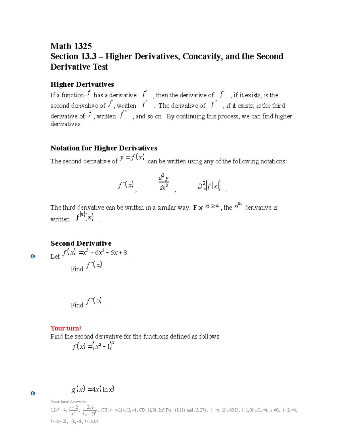 Section 13.3 - Higher Derivatives, Concavity, and the Second Derivative ...