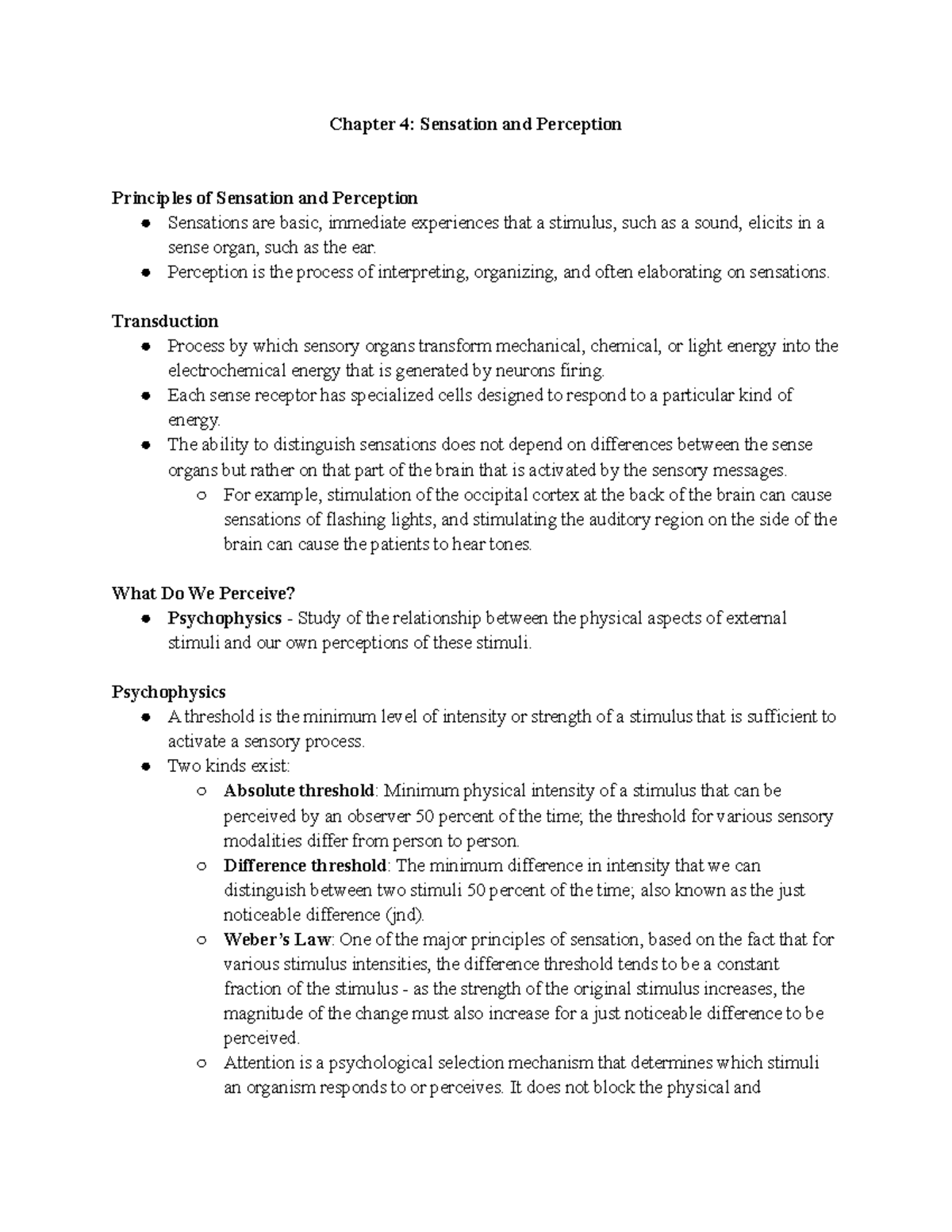 Psychology Chapter 4 - Dr. Jackson Lecture Notes - Chapter 4: Sensation ...