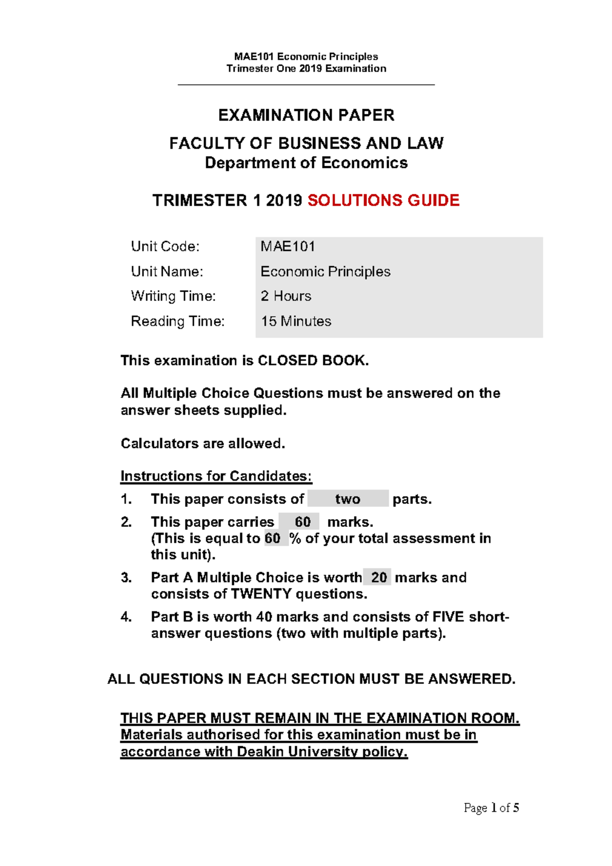 MAE101_T1_2019 solutions guide.pdf - Warning: TT: undefined function: 32 Trimester One 2019 ...