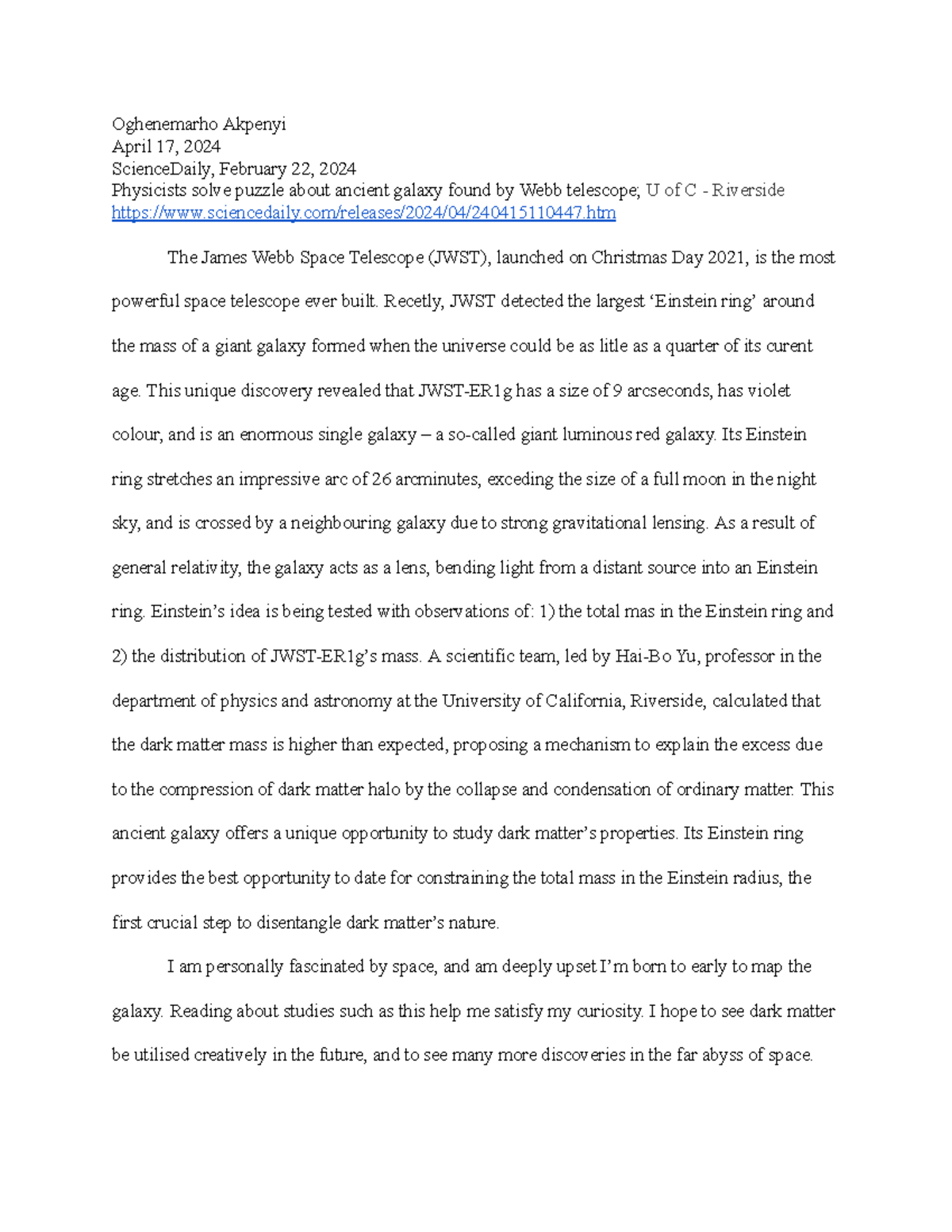 Current Events #6 - Oghenemarho Akpenyi April 17, 2024 ScienceDaily ...