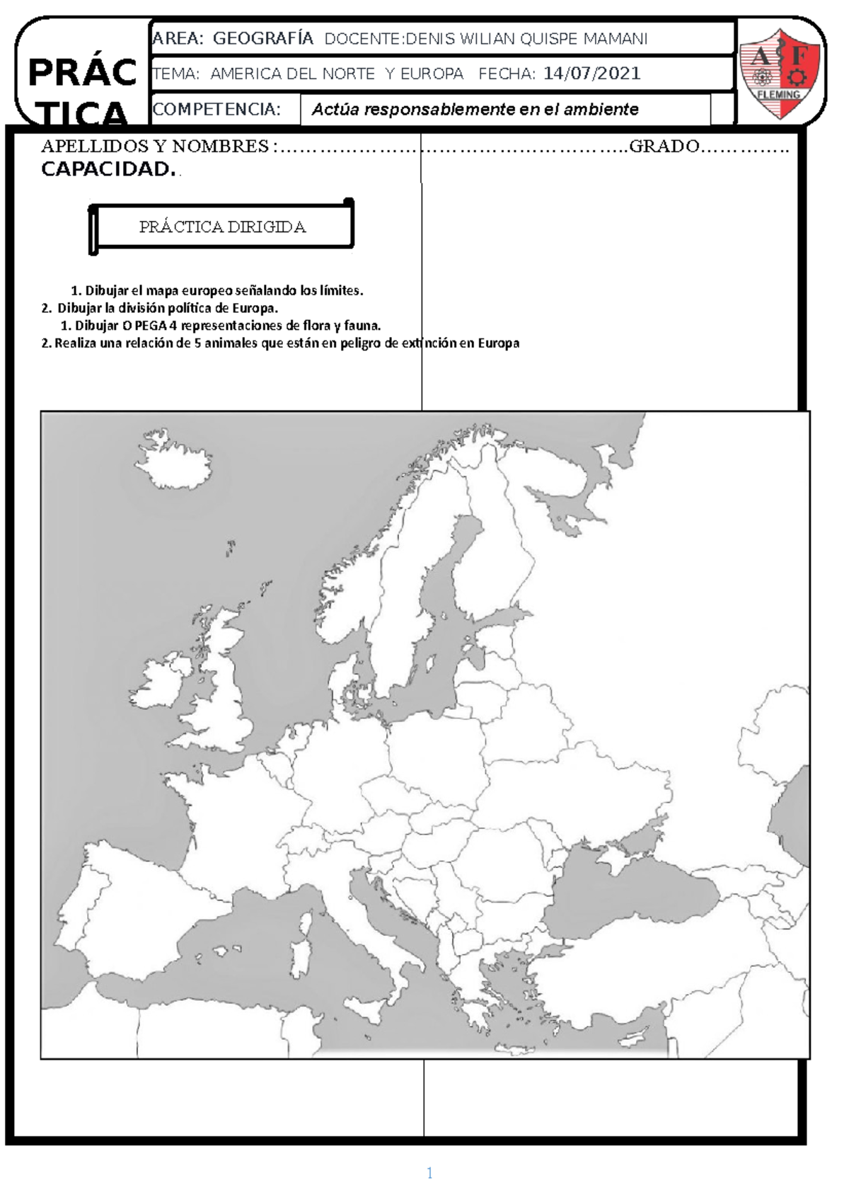 Ficha DE Trabajo Continente Europa Y America DEL Norte - APELLIDOS Y ...