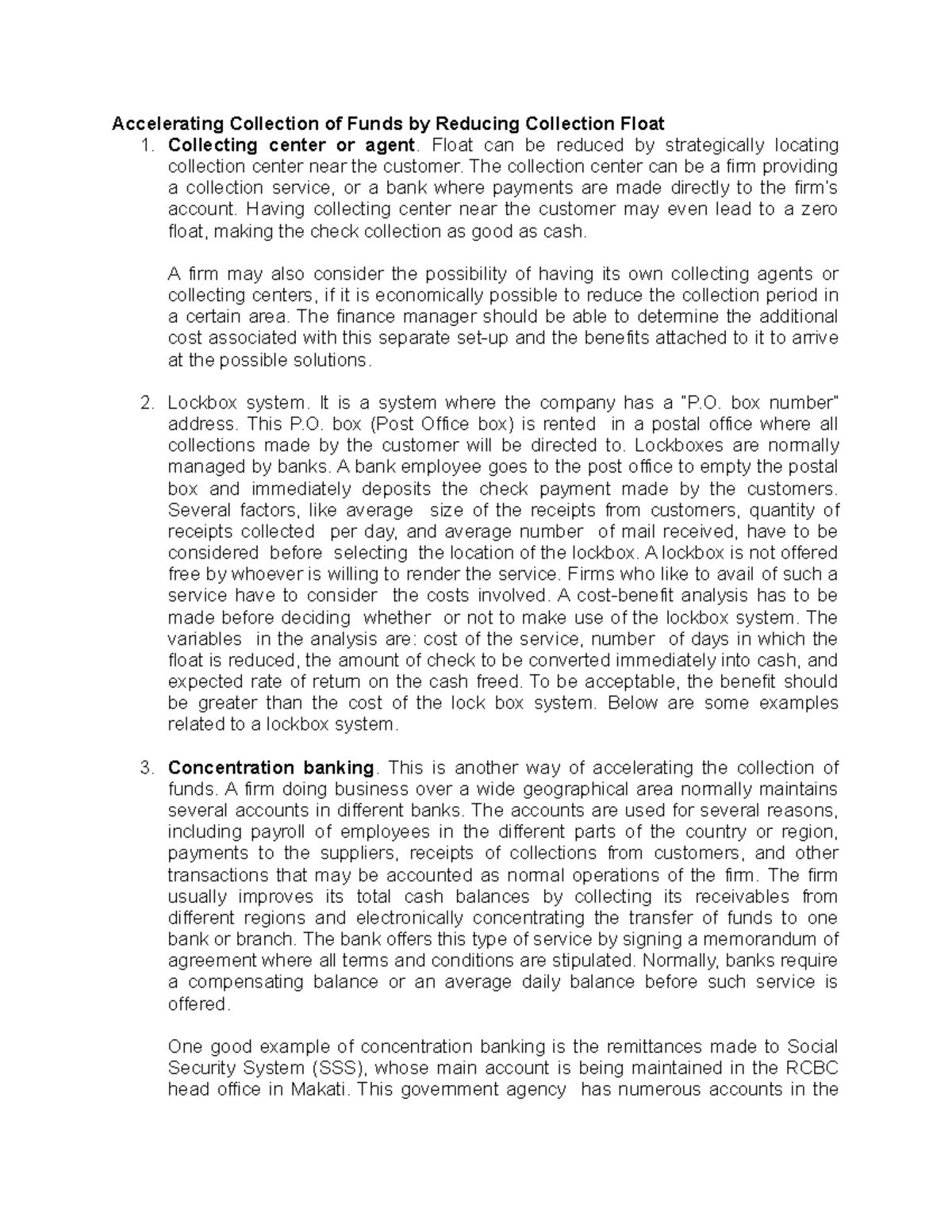 Accelerating Collection of Funds by Reducing Collection Float ...