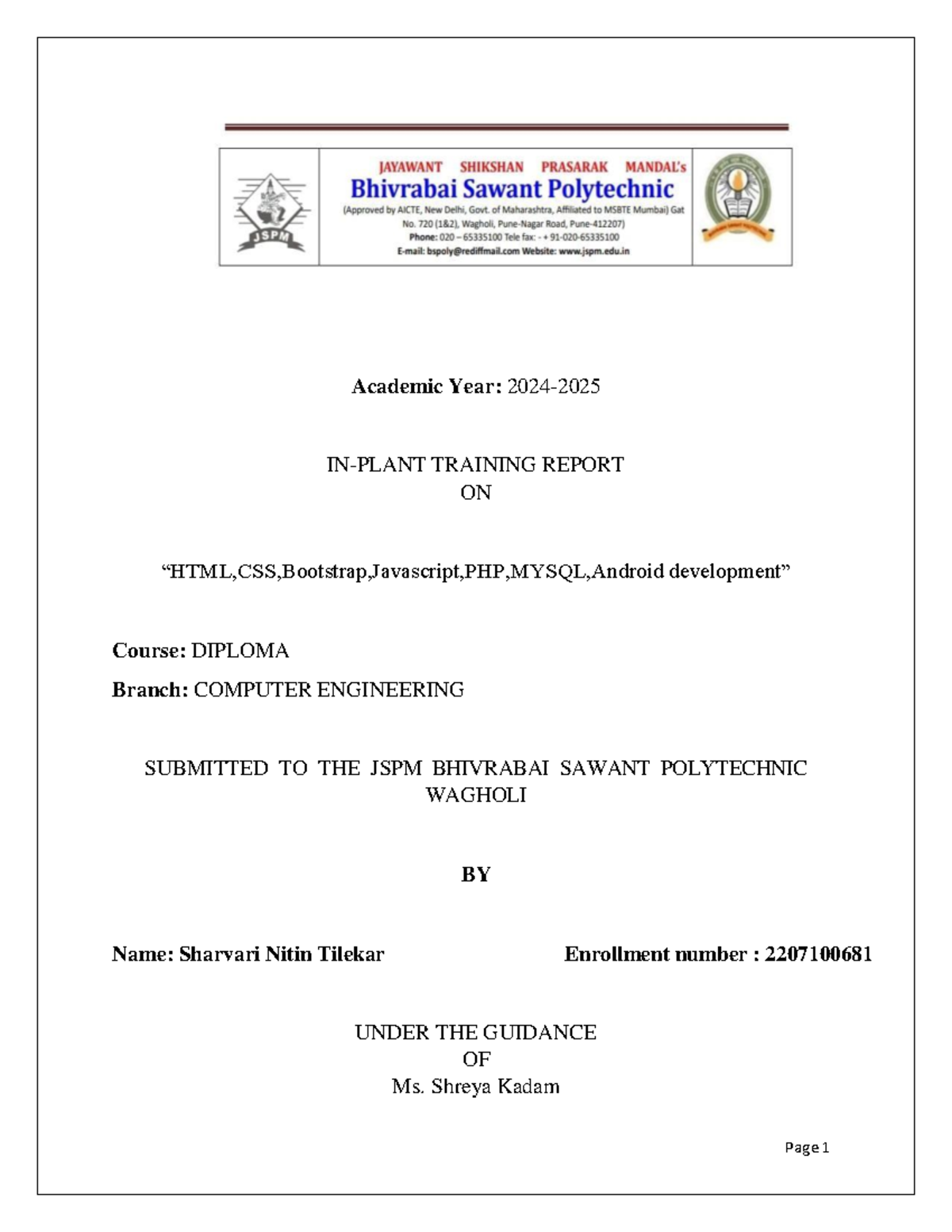 Industrial Training Report Final - Academic Year: 2024- IN-PLANT ...