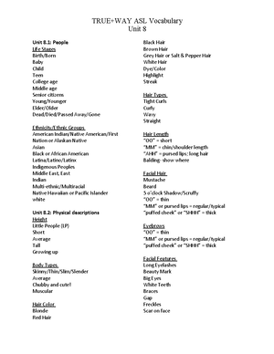 Unit 9 Vocabulary list - Unit 9 Copyright © 2011-2017 TRUE+WAY ASL Unit ...