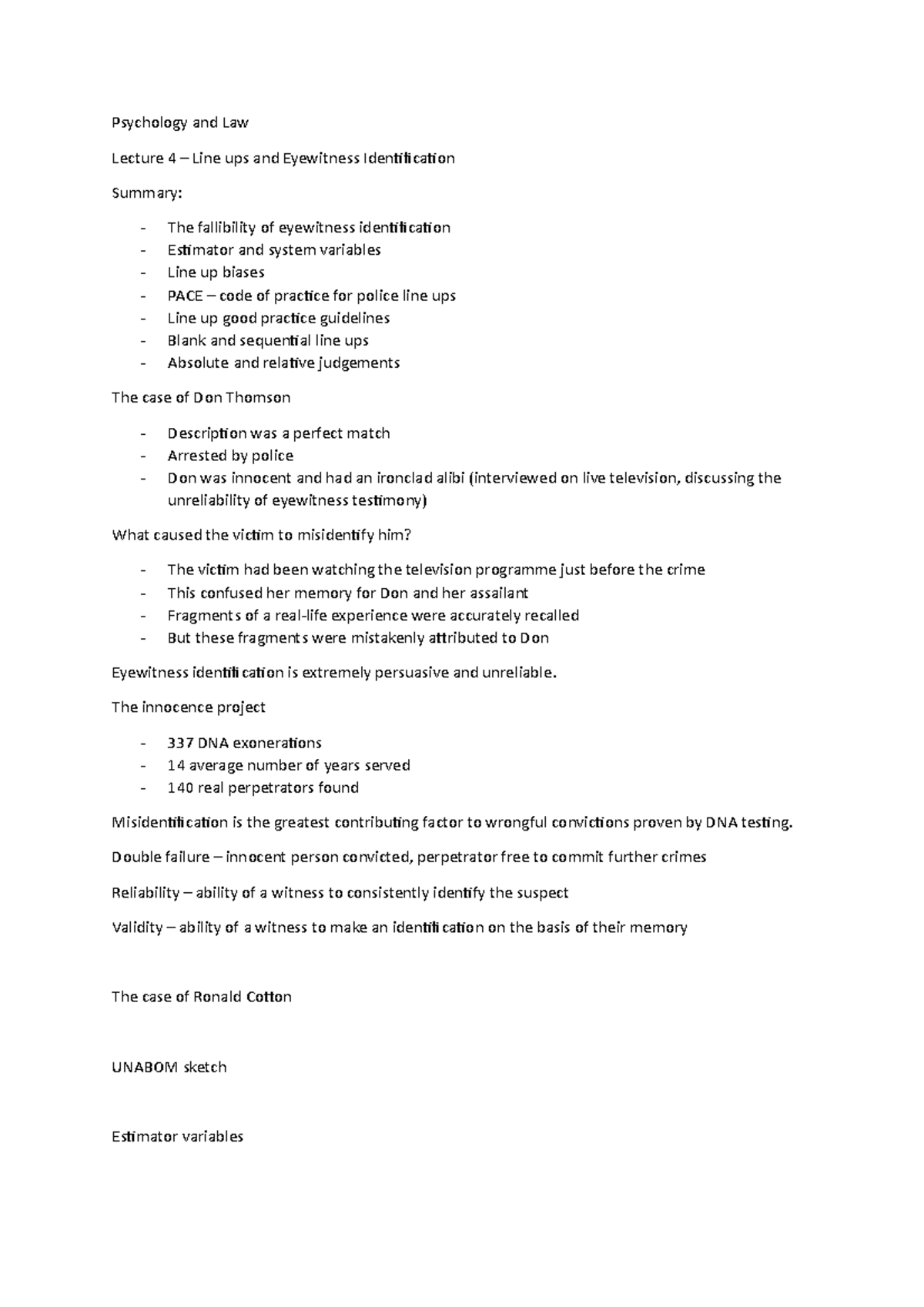 Line ups overview - Psychology and Law Lecture 4 – Line ups and ...