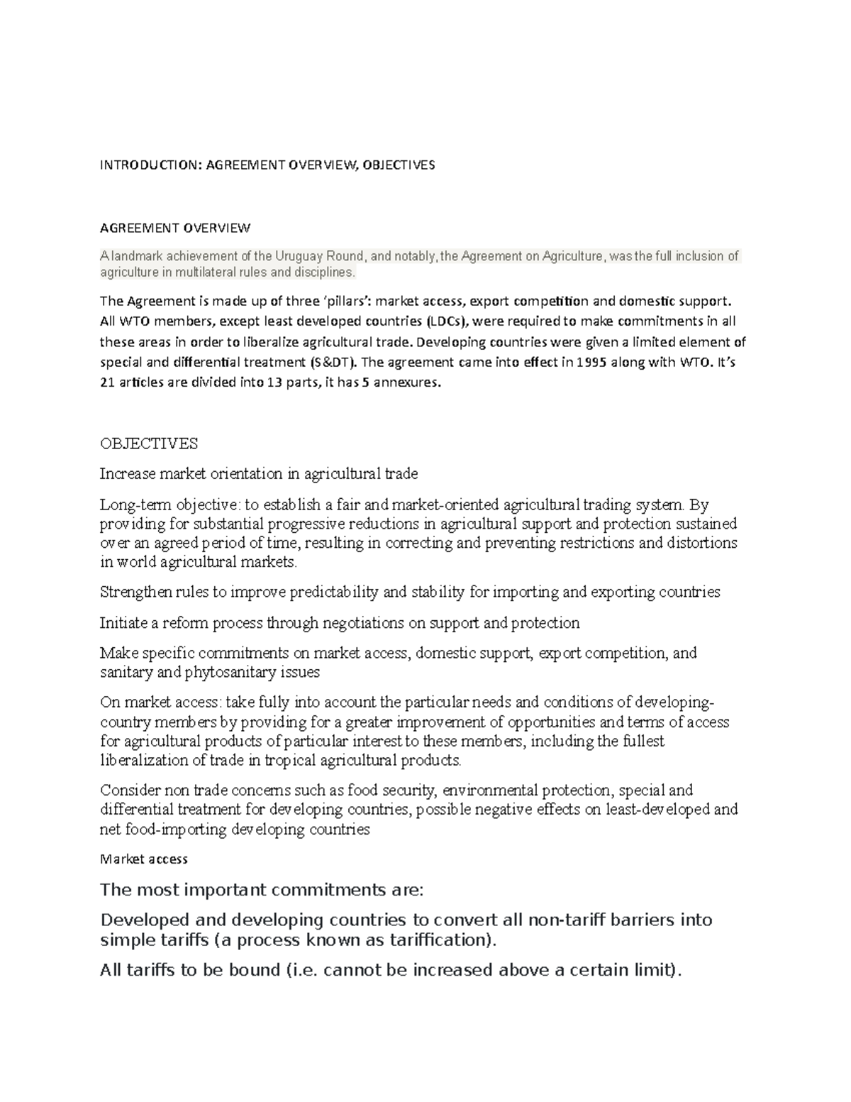 Agreement ON Agriculture - INTRODUCTION: AGREEMENT OVERVIEW, OBJECTIVES ...
