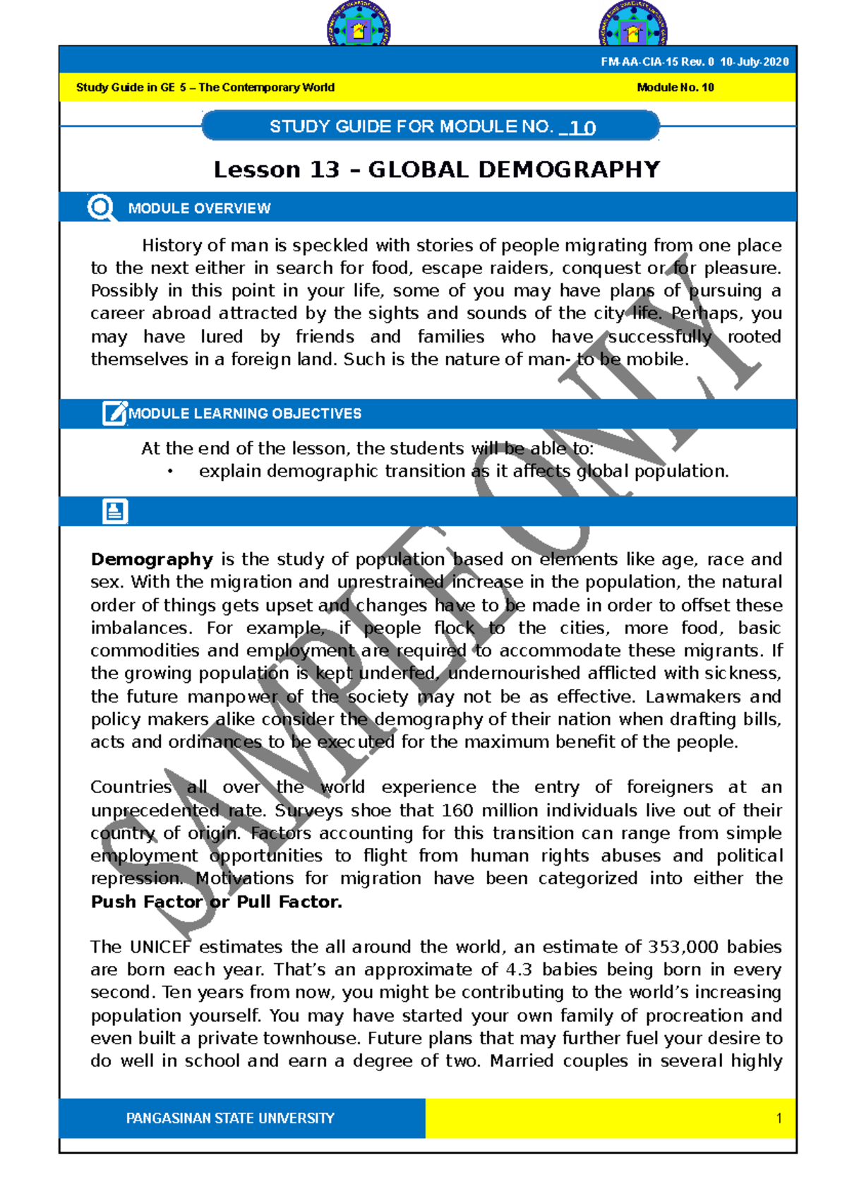 GE 5 SG Global Demography - 10 Lesson 13 – GLOBAL DEMOGRAPHY MODULE ...