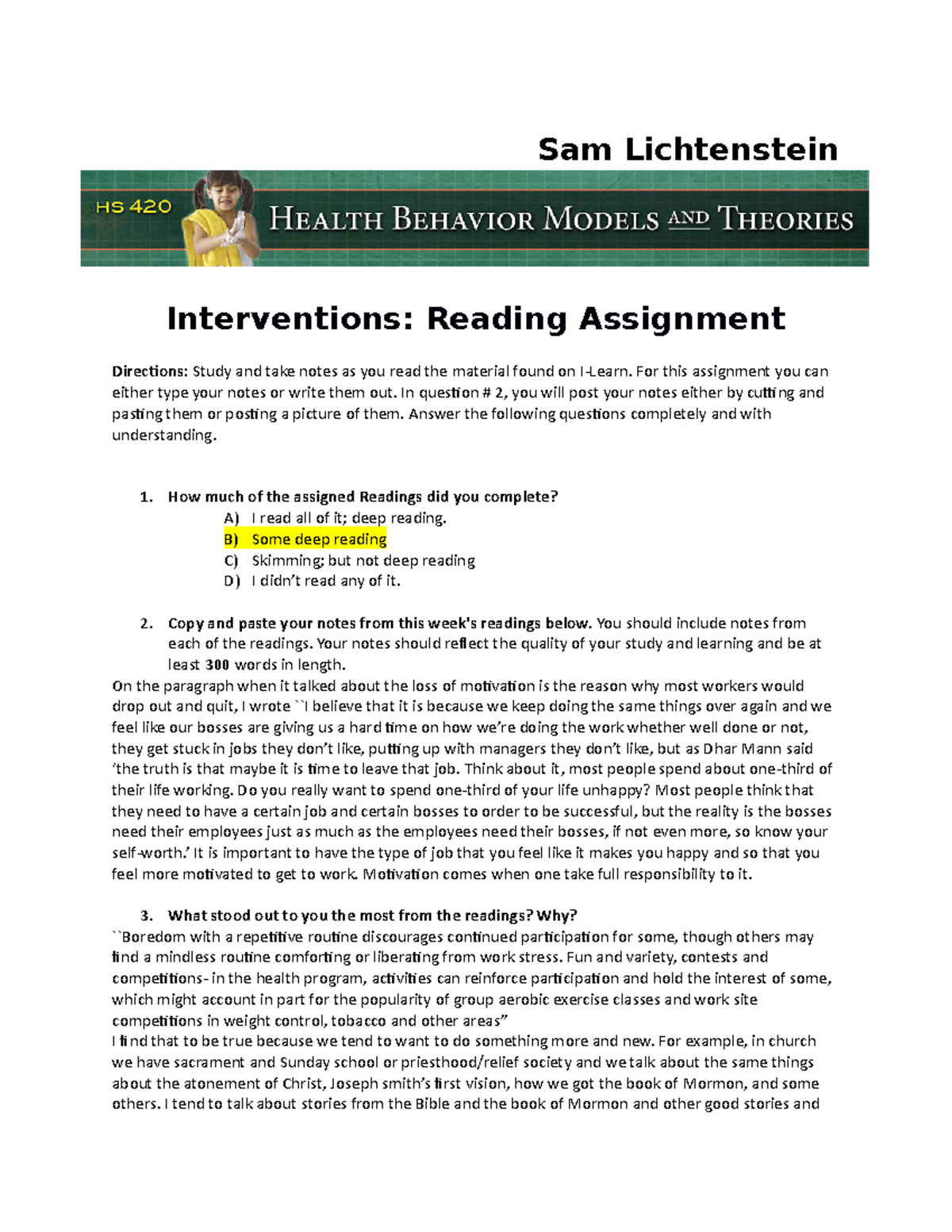 Hs420 document w03worksheet Update - Sam Lichtenstein Interventions: Reading Assignment ...