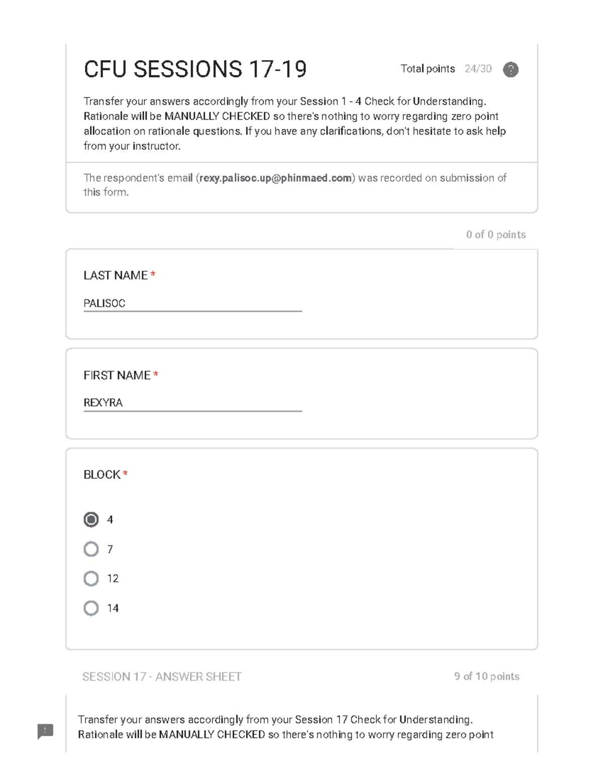 CFU Sessions 17 19 - Summary BS Medical Laboratory Science - 0 of 0 points PALISOC REXYRA 4 7 12 ...