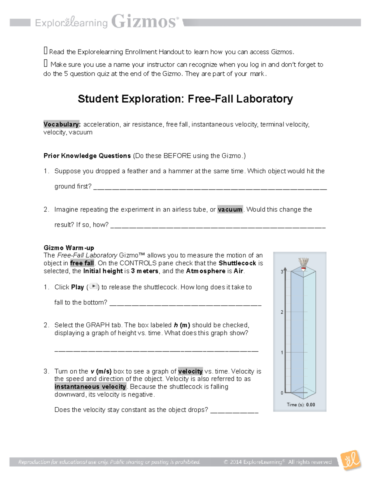 SCN2797-Chapter 2 Free Fall Gizmo - Read the Explorelearning Enrollment ...