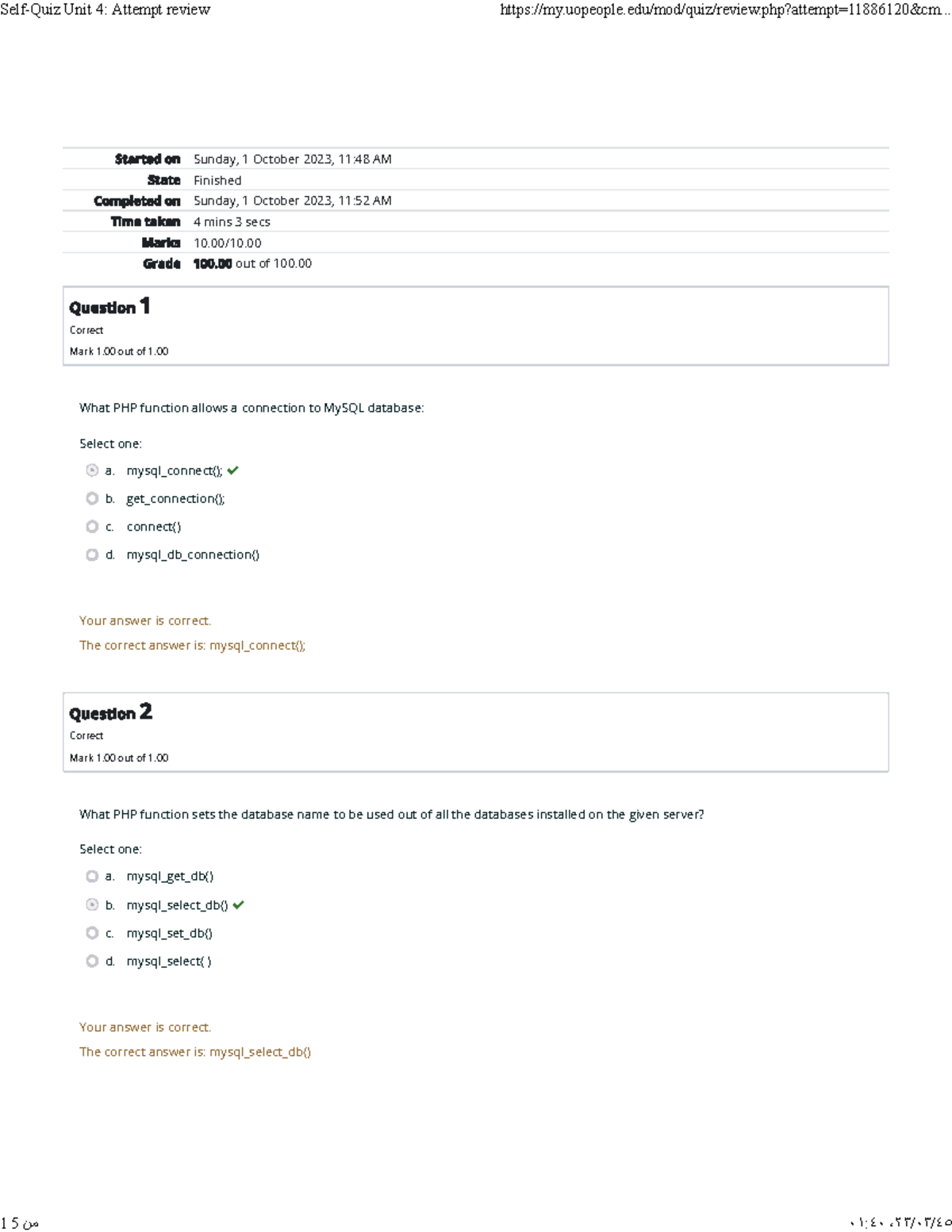 Self-Quiz Unit 4 Attempt review - Sunday, 1 October 2023, 11:48 AM Finished Sunday, 1 October ...