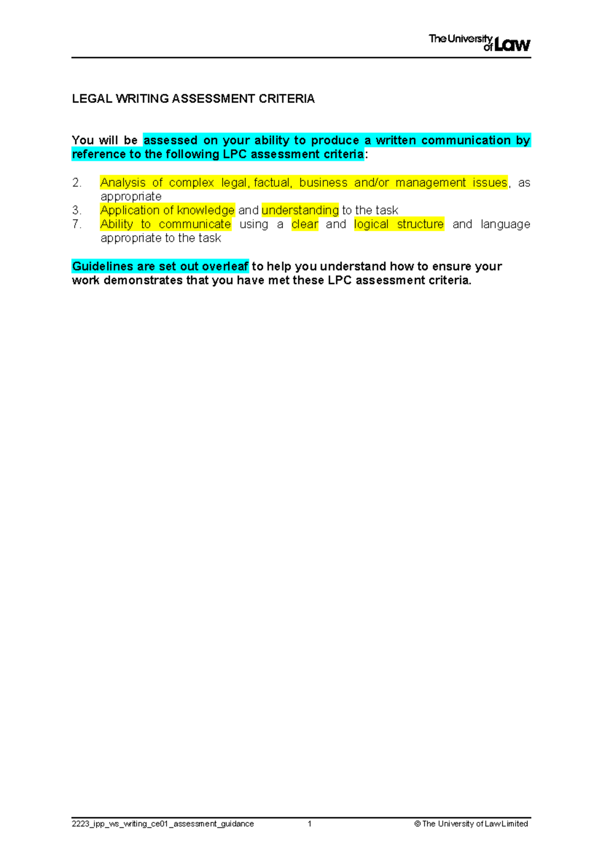 Writing assessment guide - LEGAL WRITING ASSESSMENT CRITERIA You will ...