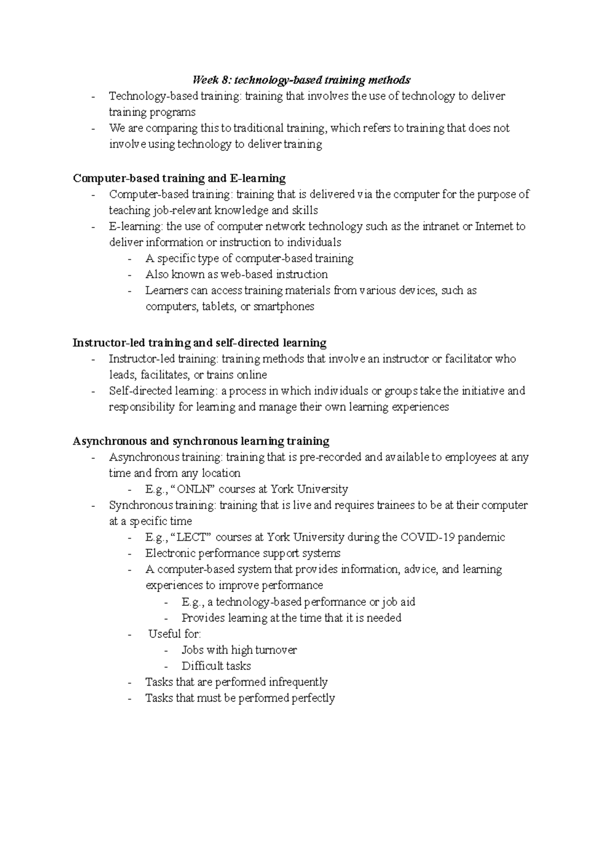 Final Exam Notes - Week 8: technology-based training methods Technology ...