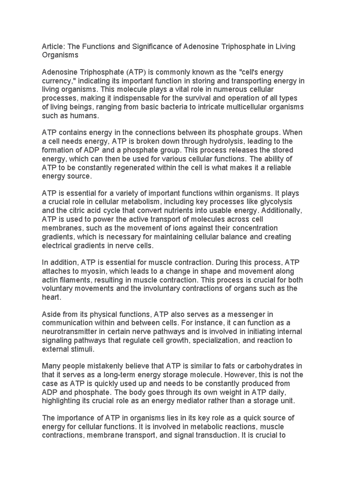 Article on atp - Article: The Functions and Significance of Adenosine ...