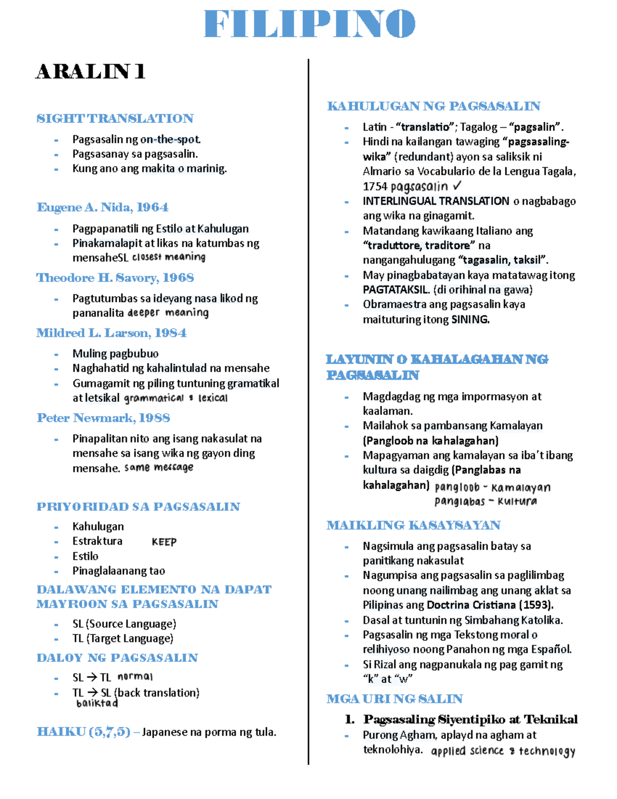 FIL Prelims (Pagsasalin) - FILIPINO ARALIN 1 SIGHT TRANSLATION ...