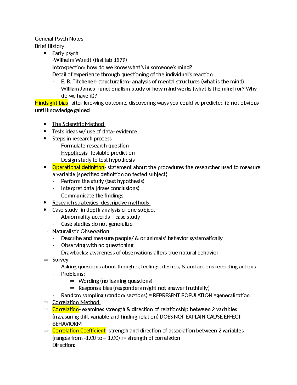PSYC100 notes-1 - General Psych Notes Brief History Early psych ...