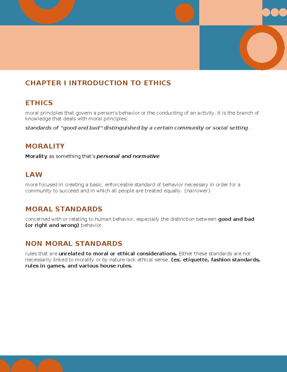 Lesson 1 3 ethics - Summary BS Education - L E S S O N 1 - 3 E T H I C ...