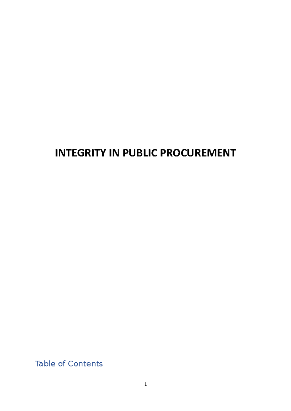 Assignment 1 - INTEGRITY IN PUBLIC PROCUREMENT Table of Contents - Studocu