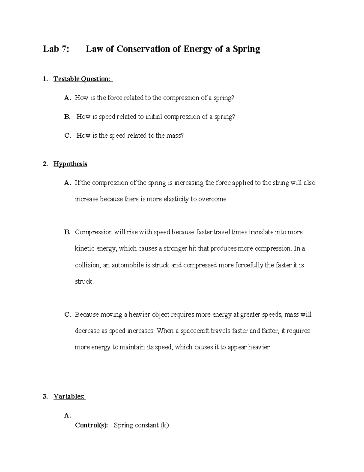 PHY111L Lab 7 Conservation of energy of a spring NEW - Lab 7: Law of ...