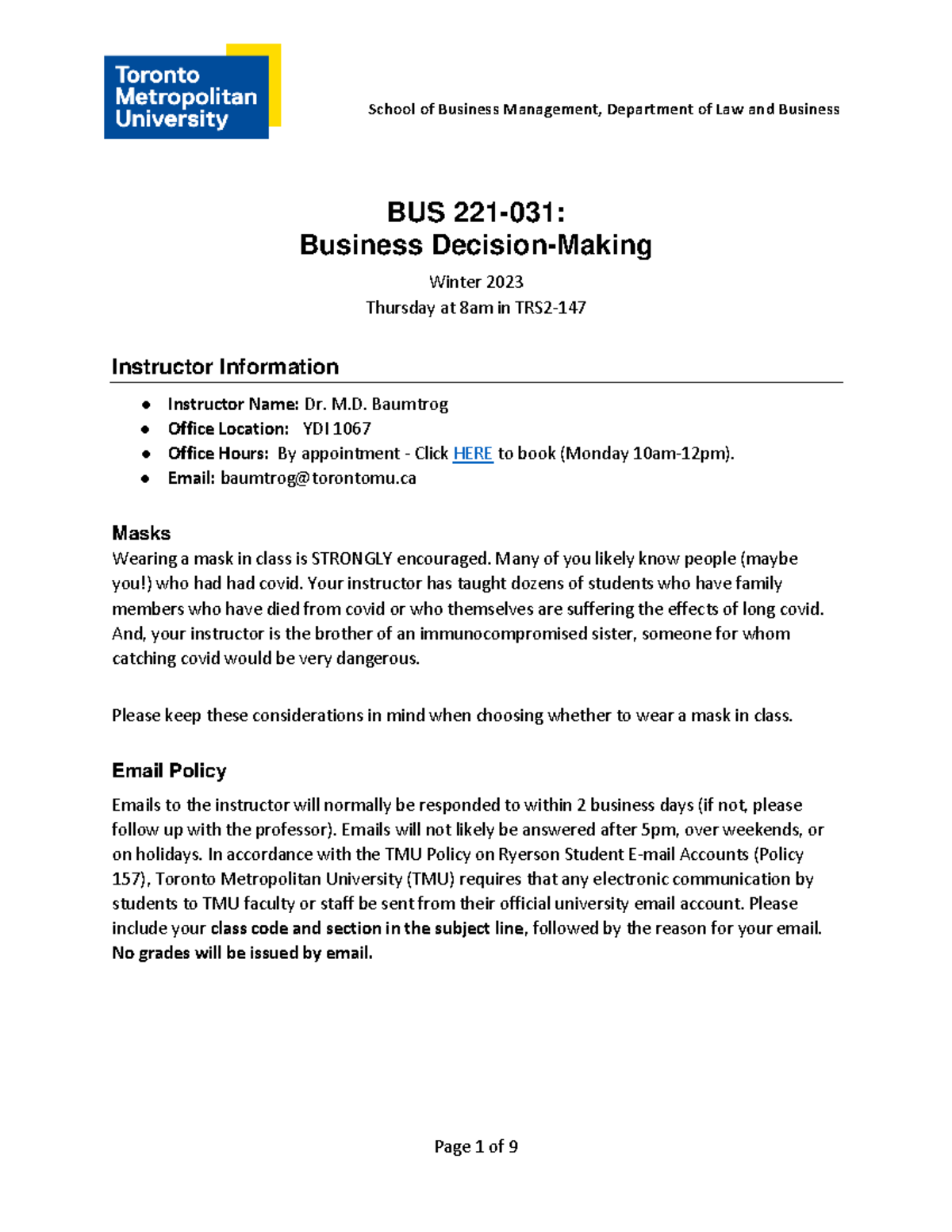BUS 221 course outline - School of Business Management, Department of ...