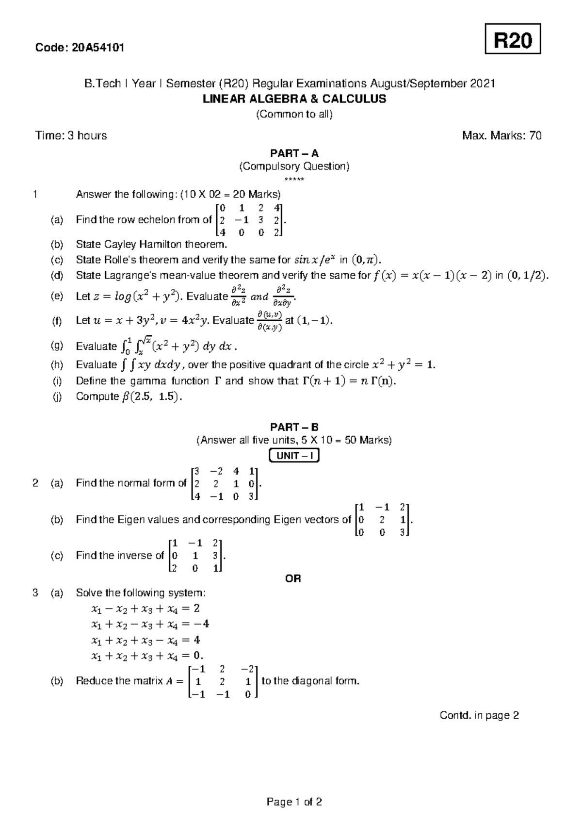 20A54101 Linear Algebra & Calculus - Code: 20A B I Year I Semester (R20 ...