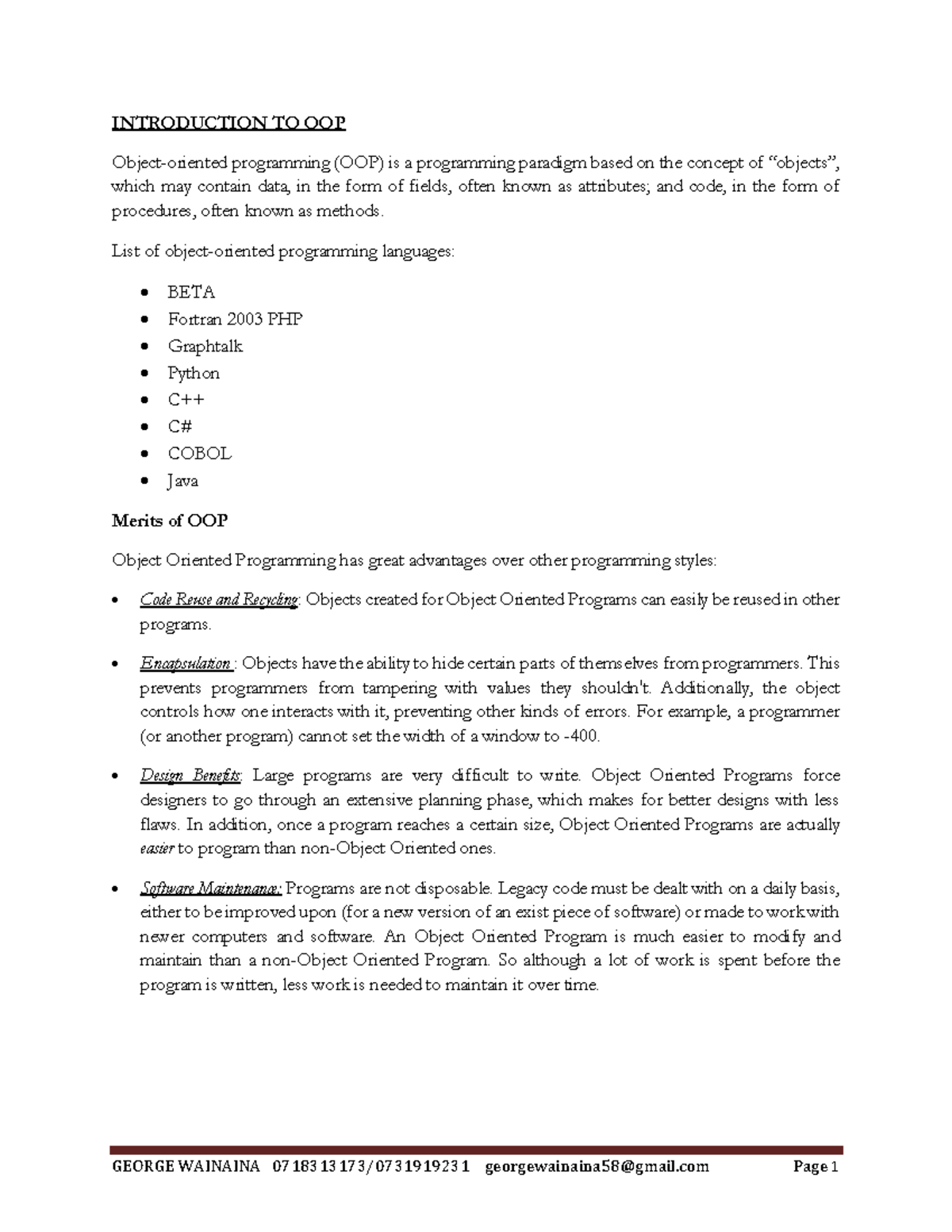 Introduction TO OOP - INTRODUCTION TO OOP Object-oriented programming (OOP) is a programming ...