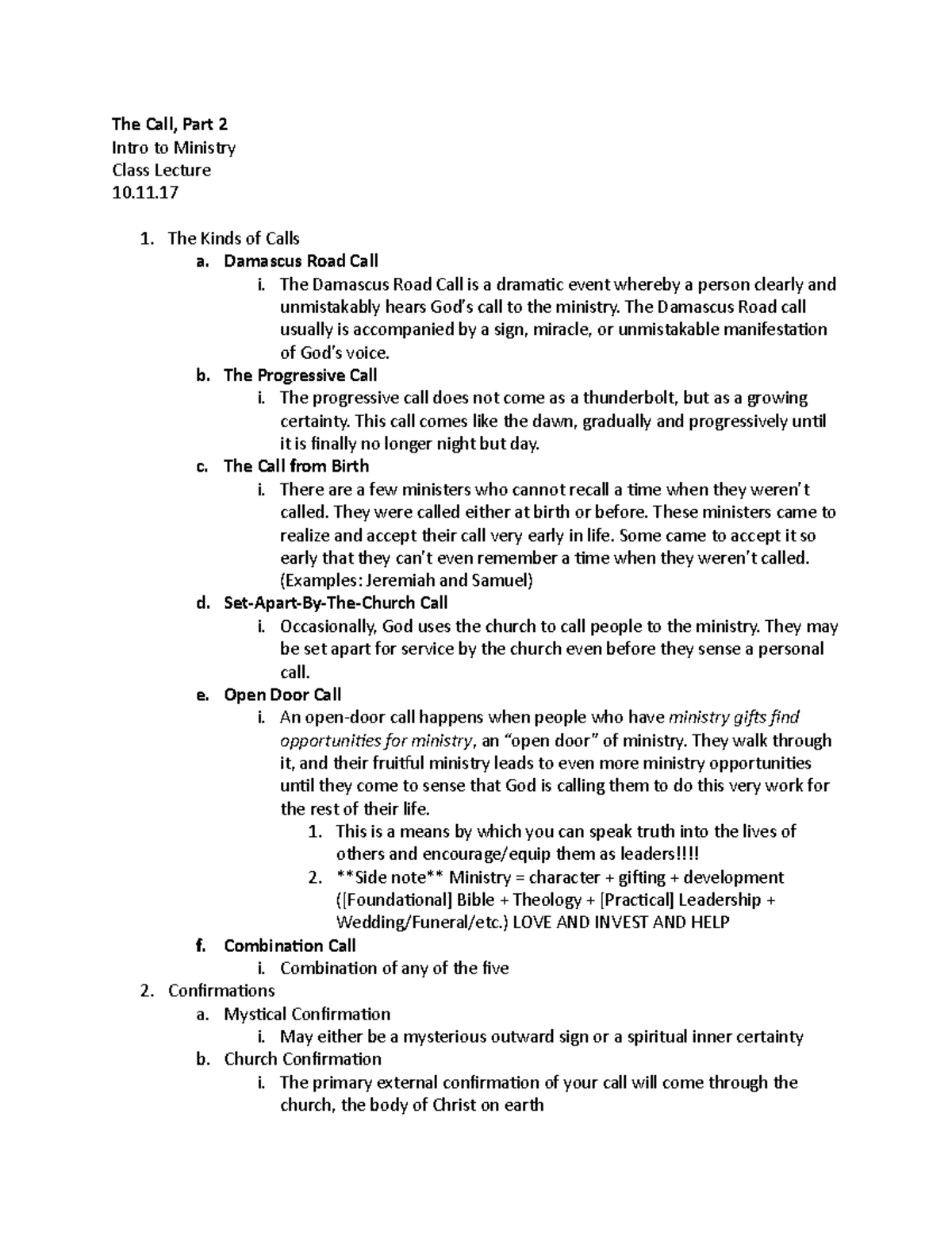 The Call, Part 2 - Lecture notes 2 - The Call, Part 2 Intro to Ministry ...