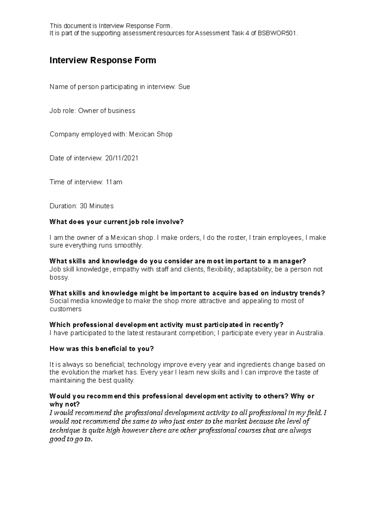 Interview Response Form 1 - It is part of the supporting assessment ...