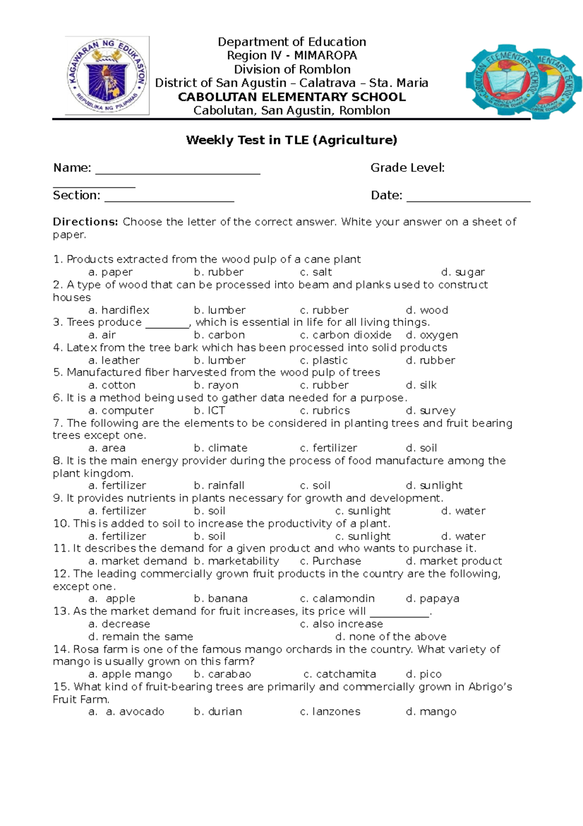 Weekly Test in TLE Agriculture - Department of Education Region IV ...