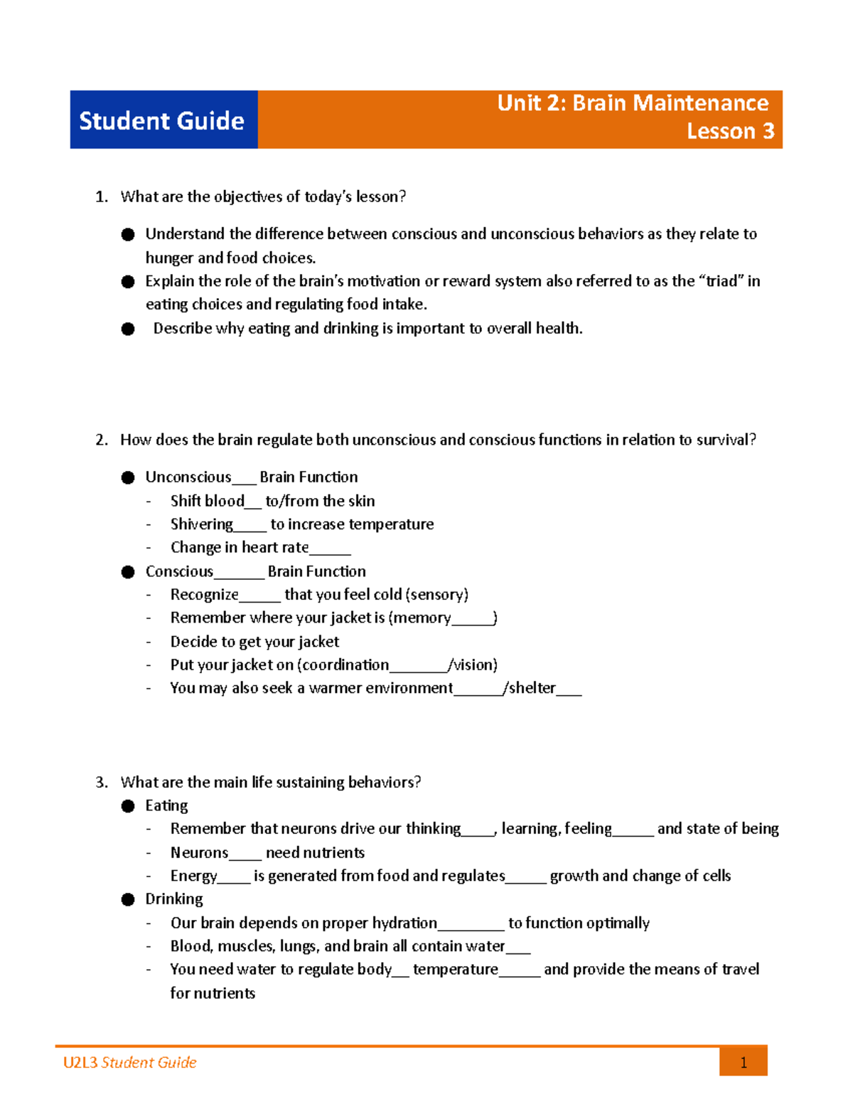 U2L3 Student Guide (1) - Student Guide Unit 2: Brain Maintenance Lesson ...